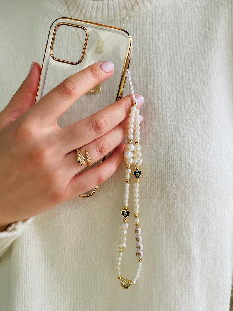 Customizable Pearl Beaded Phone Charm Evil Eve Phone Strap - Etsy