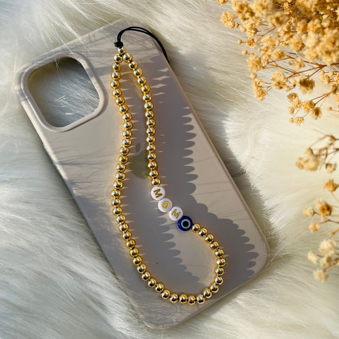 Gold Beaded Phone Charm, Evil Eye Customizable Phone Strap, Cute Phone ...