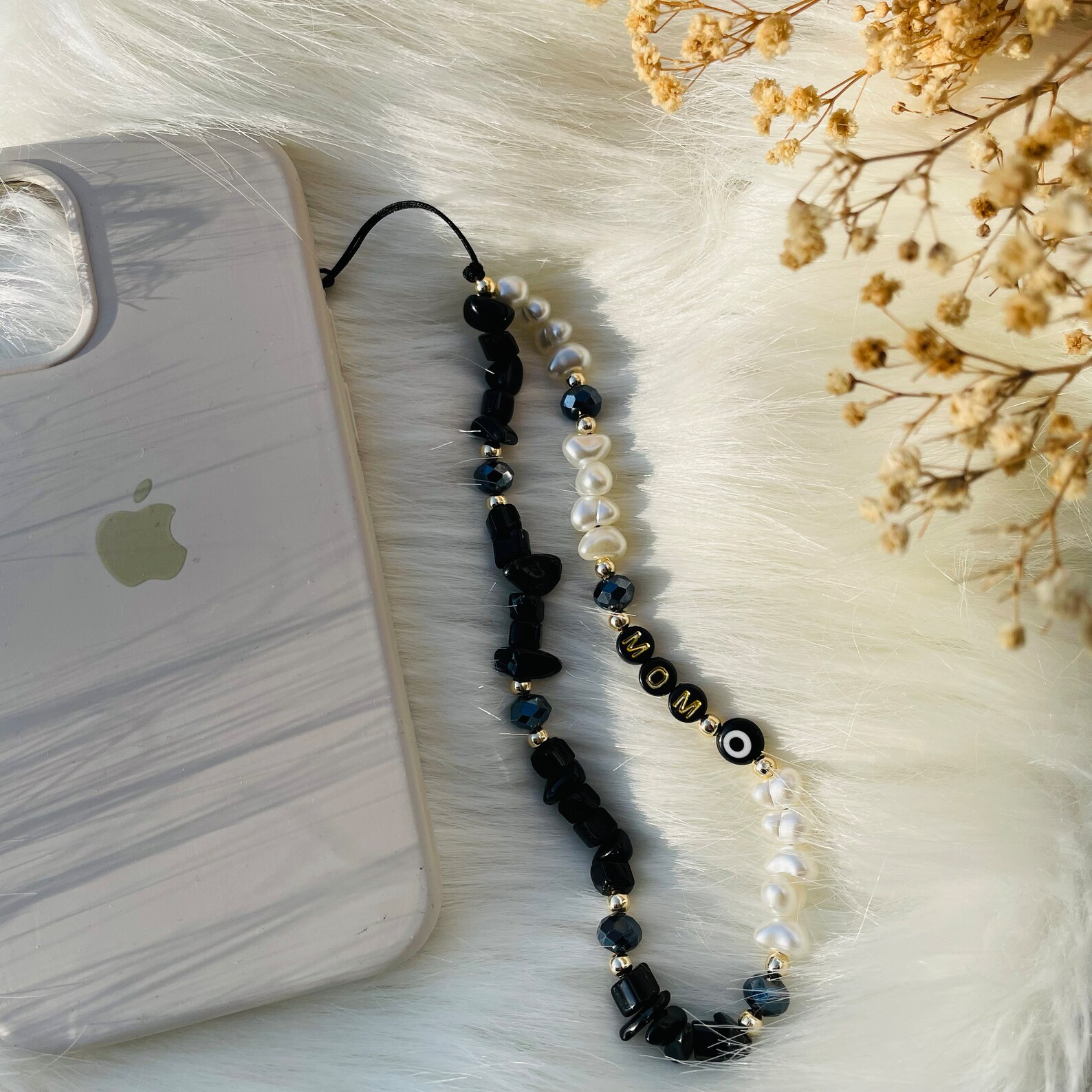 Phone Charm Strap With Black Obsidian, Pearl Evil Eye Phone Chain ...