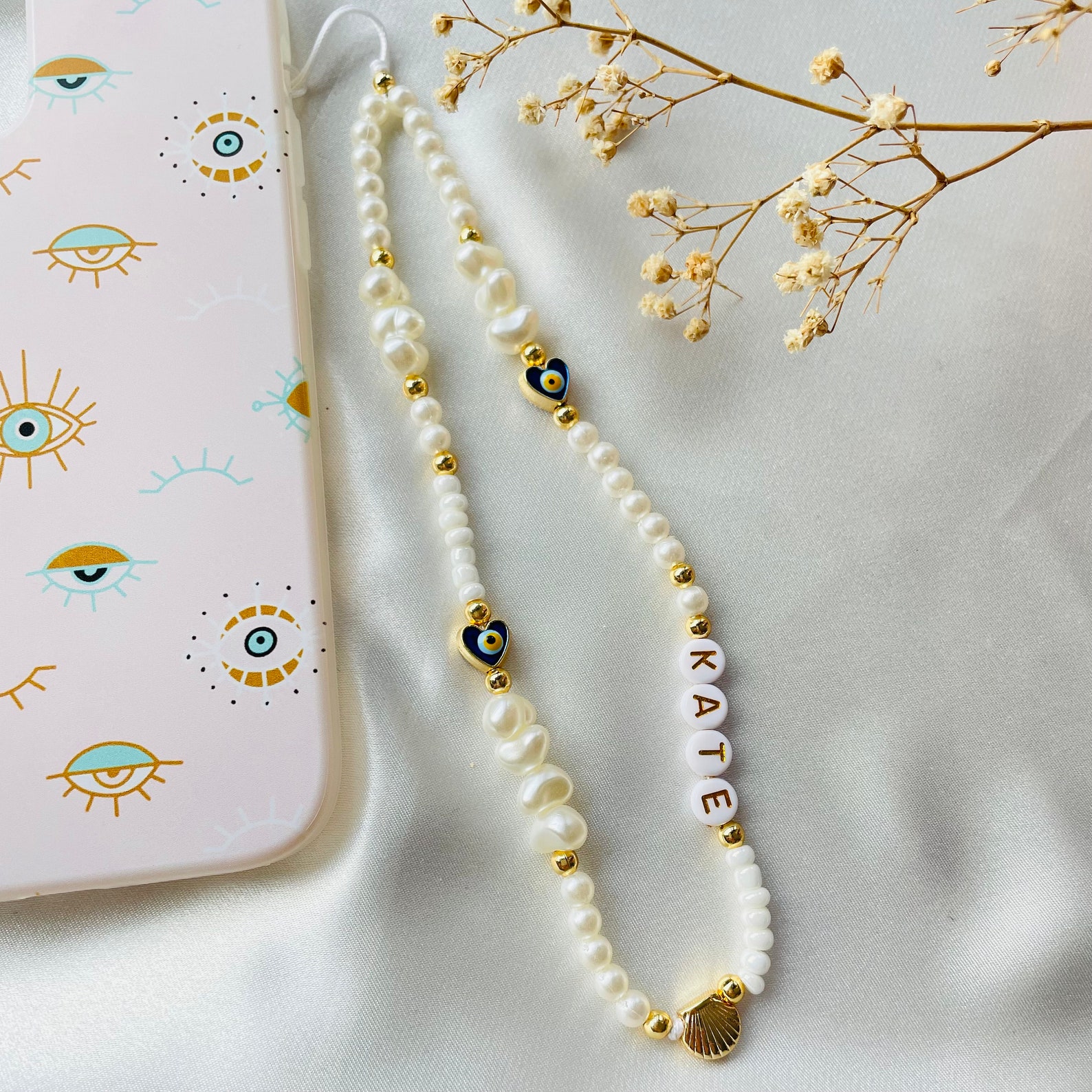 Customizable Pearl Beaded Phone Charm Evil Eve Phone Strap - Etsy
