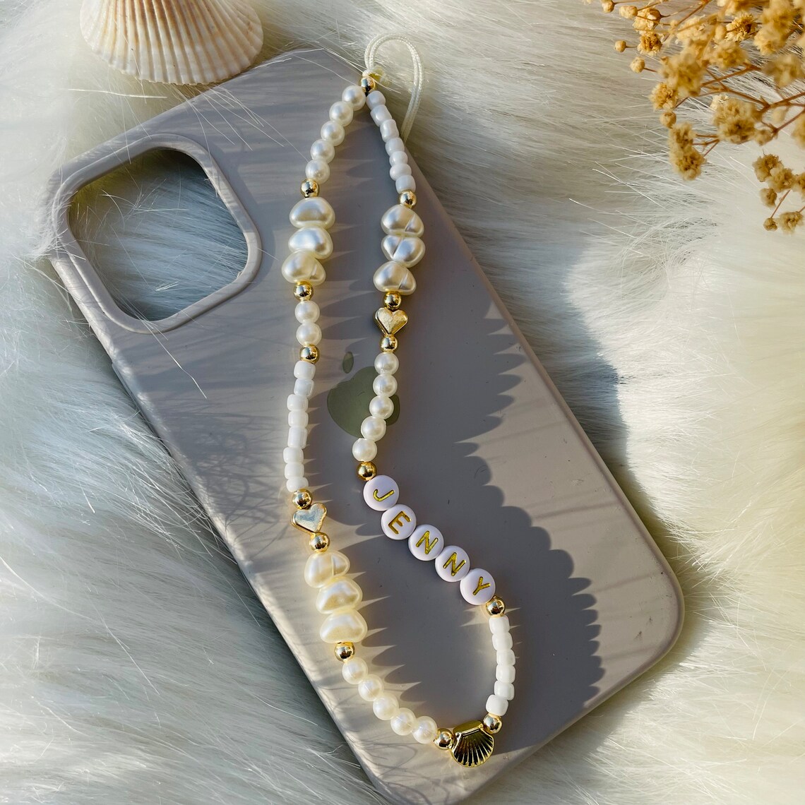 Personalized Pearl Phone Charm With Name, Custom Beaded Phone Strap ...