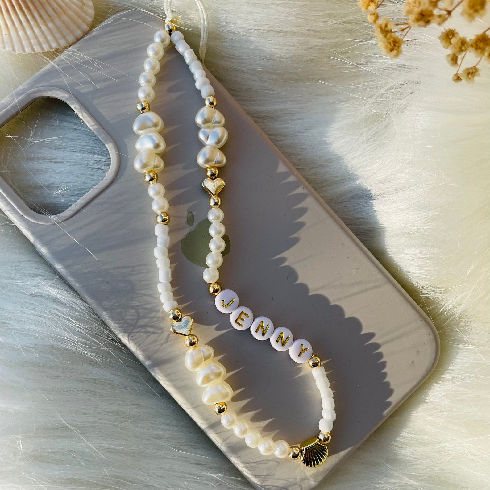 Personalized Pearl Phone Charm With Name, Custom Beaded Phone Strap ...