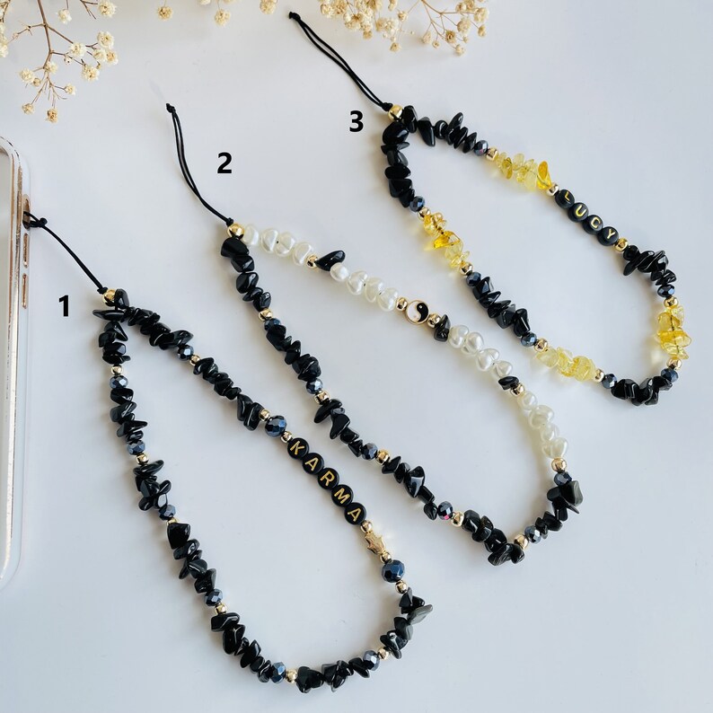 Black Phone Charm Strap, Minimal Beaded Phone Strap, Obsidian Style ...