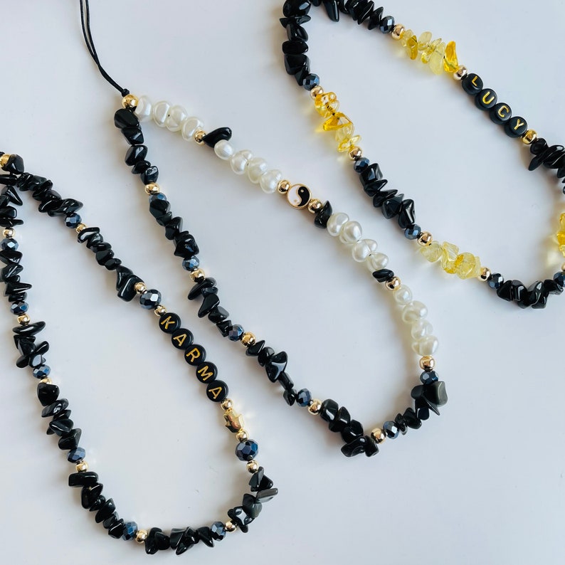 Black Phone Charm Strap, Minimal Beaded Phone Strap, Obsidian Style ...