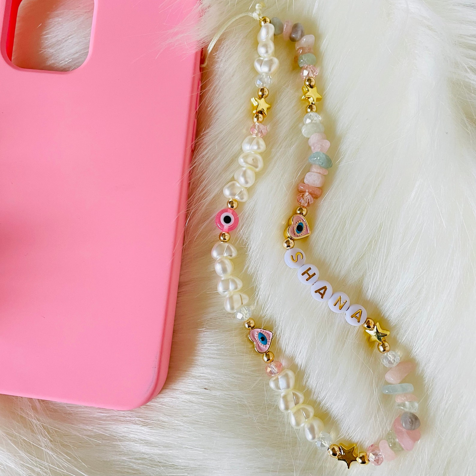 Personalized Gemstone Phone Strap, Customizable Pearl Beaded Phone ...