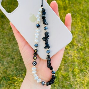 Phone Charm Strap With Black Obsidian, Pearl Evil Eye Phone Chain ...