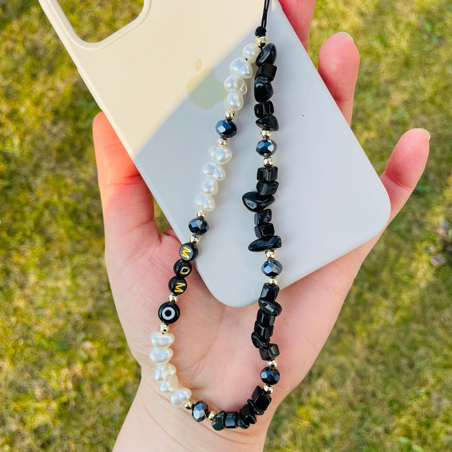 Phone Charm Strap With Black Obsidian, Pearl Evil Eye Phone Chain ...