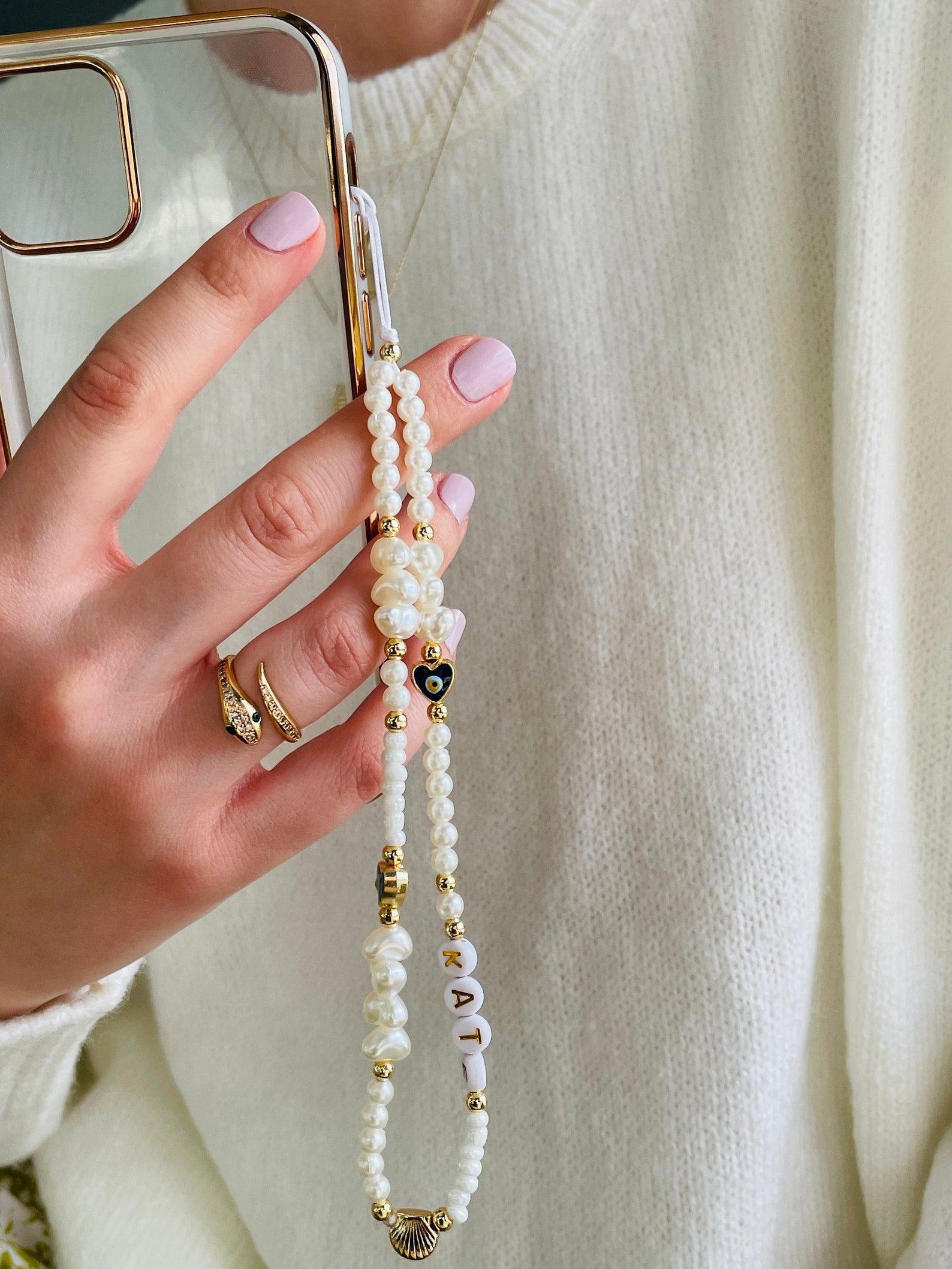 Customizable Pearl Beaded Phone Charm Evil Eve Phone Strap - Etsy