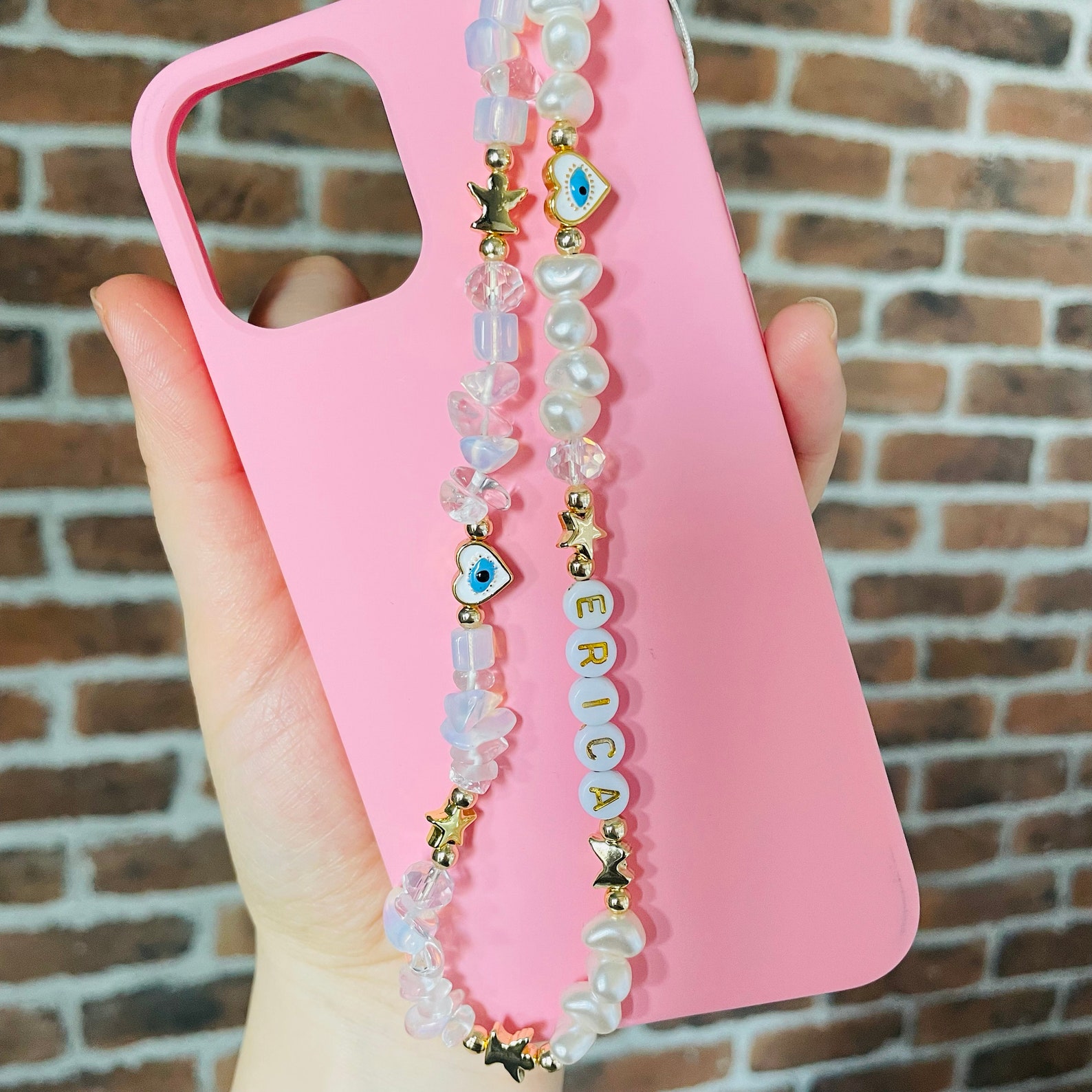 Personalized Gemstone Phone Strap, Customizable Pearl Beaded Phone ...