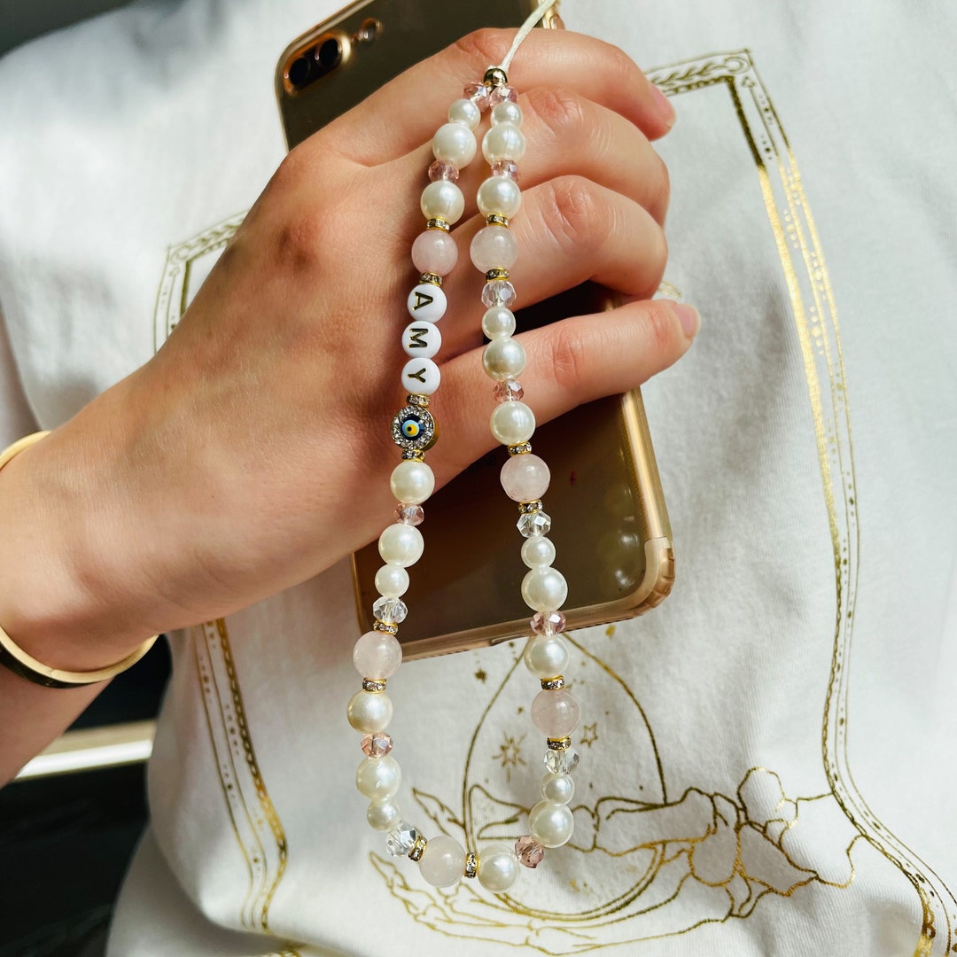 Rose Quartz Gemstone Phone Strap, Healing Crystal Beads Phone Charm ...