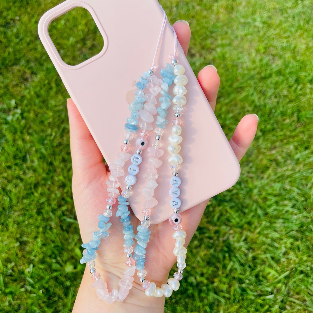 Healing Crystals Phone Strap, Rose Quartz Phone Chain, Pearl Beaded ...