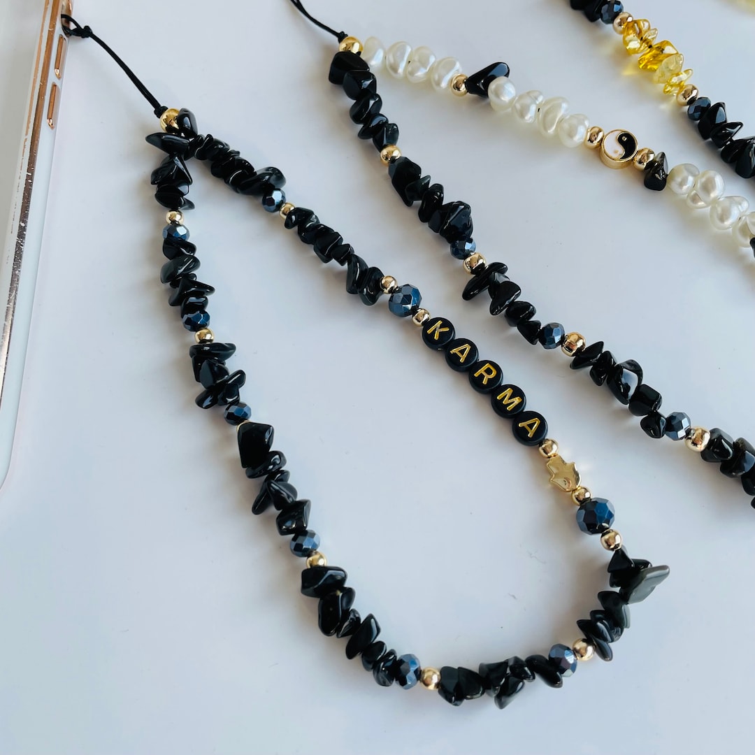 Black Obsidian Gemstone Phone Strap Charm, Healing Crystals Citrine ...