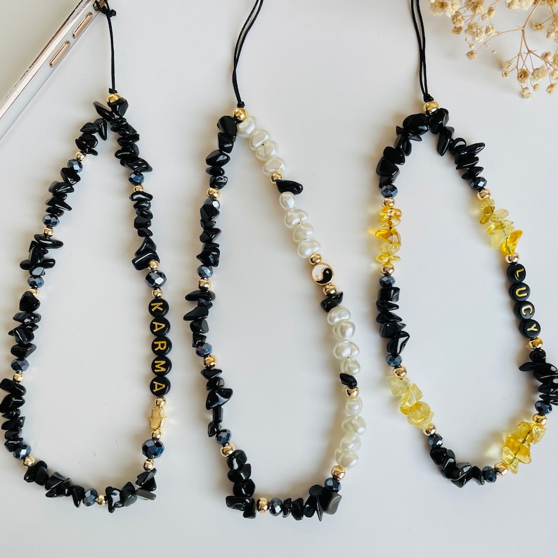 Black Obsidian Gemstone Phone Strap Charm, Healing Crystals Citrine ...