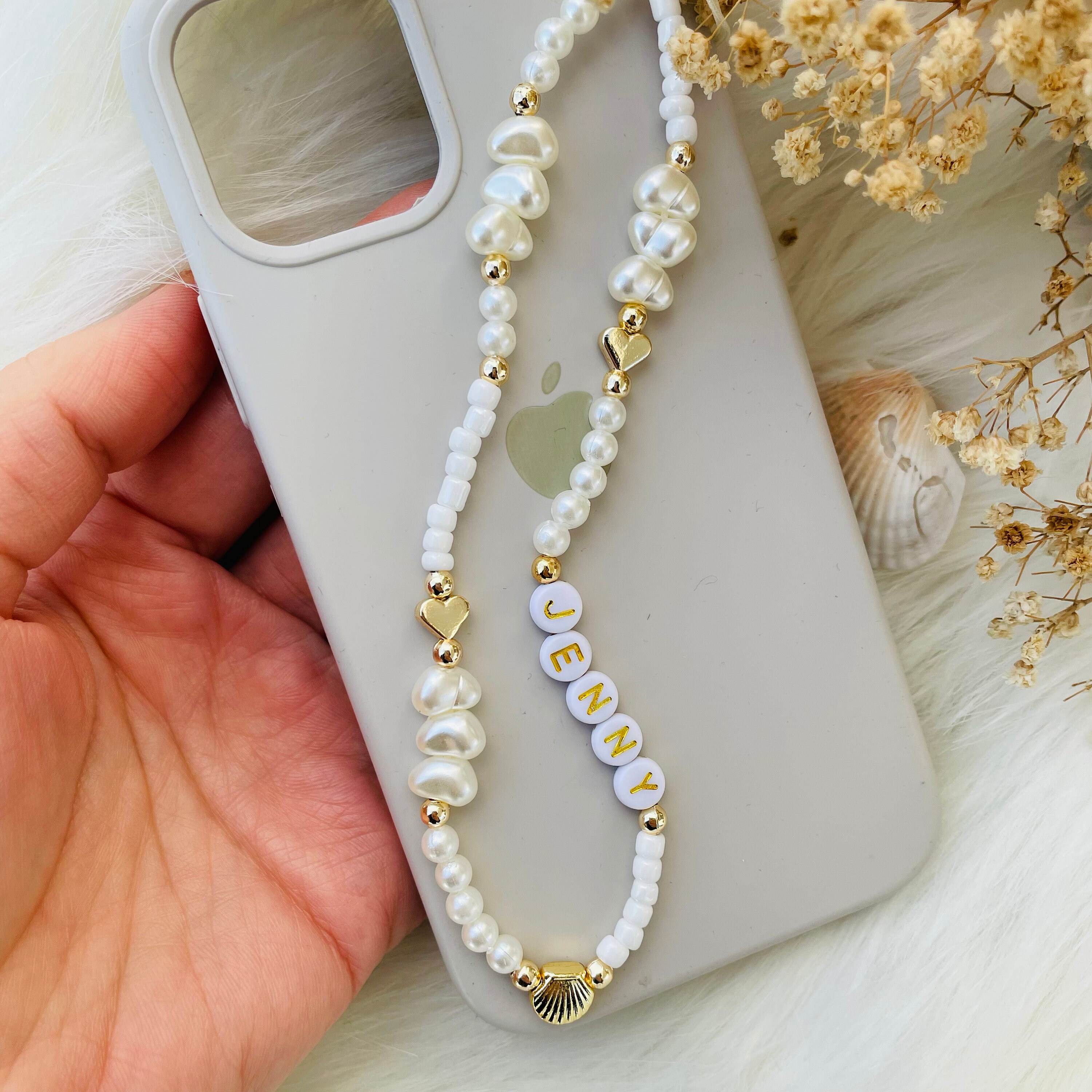 Personalized Pearl Phone Charm With Name, Custom Beaded Phone Strap ...