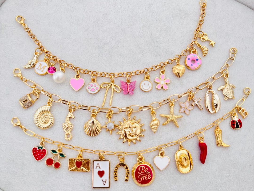 Personalized Gold Charm Bracelet: Custom Initial, Vintage Chunky Charms ...