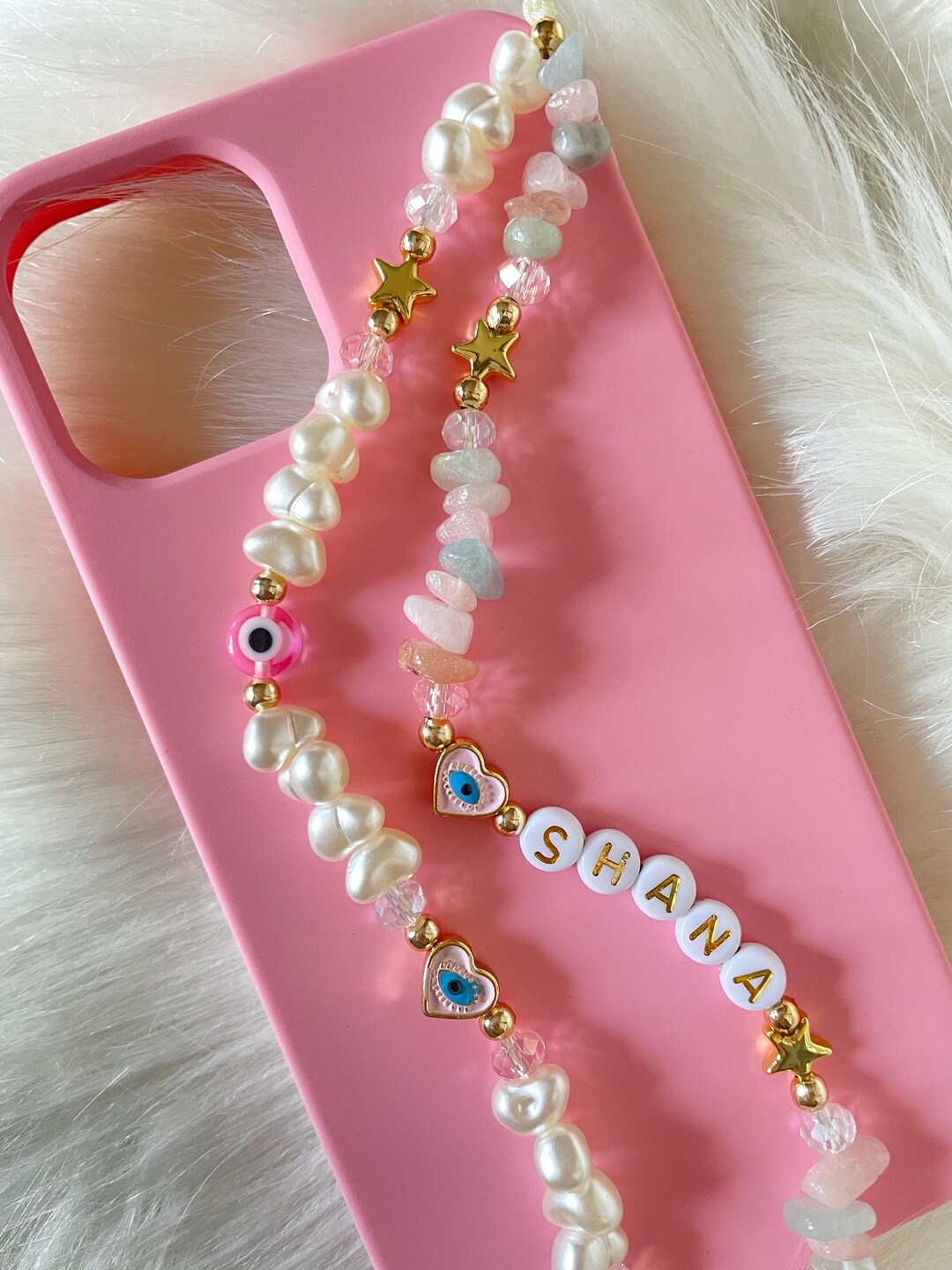 Personalized Gemstone Phone Strap, Customizable Pearl Beaded Phone ...