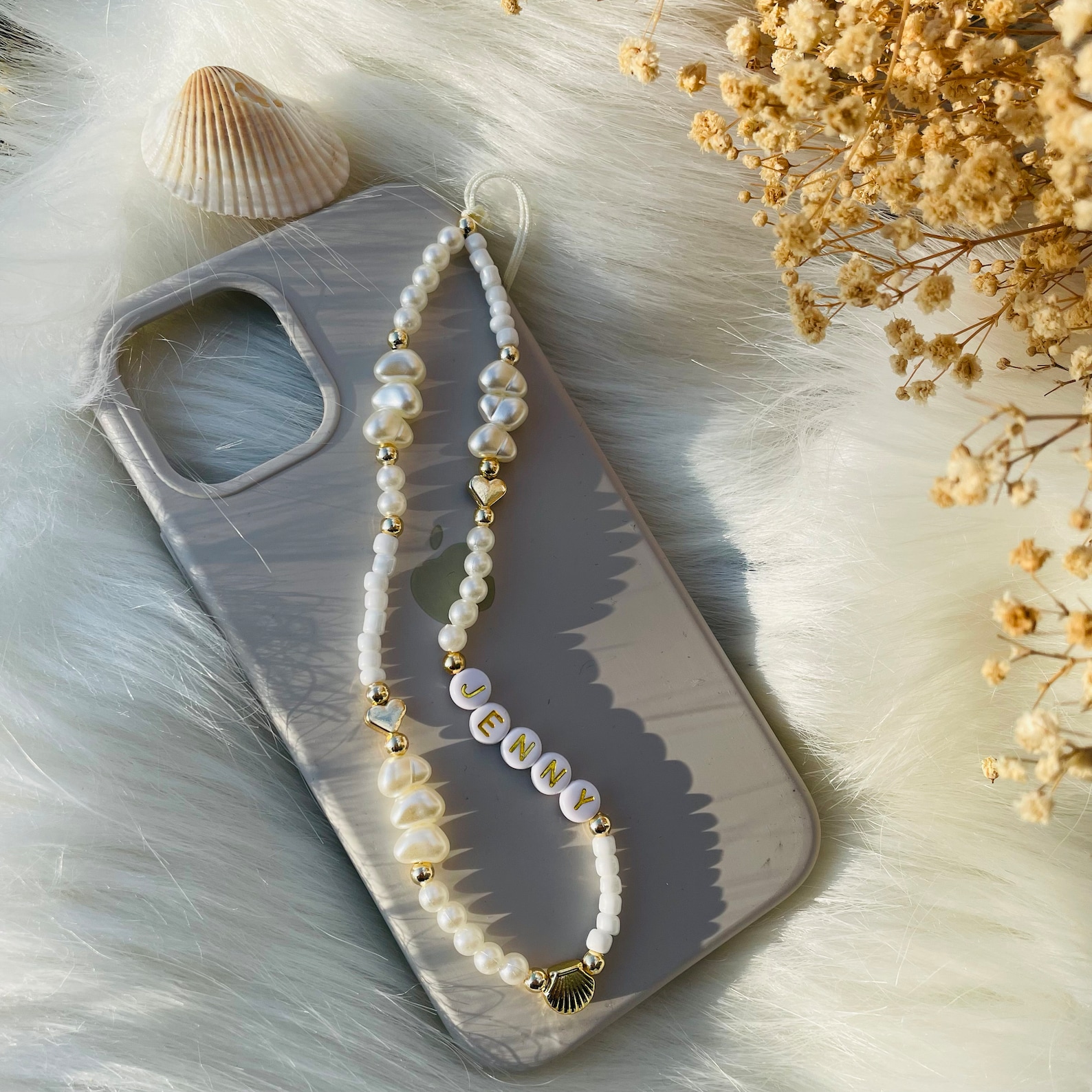 Personalized Pearl Phone Charm With Name, Custom Beaded Phone Strap ...