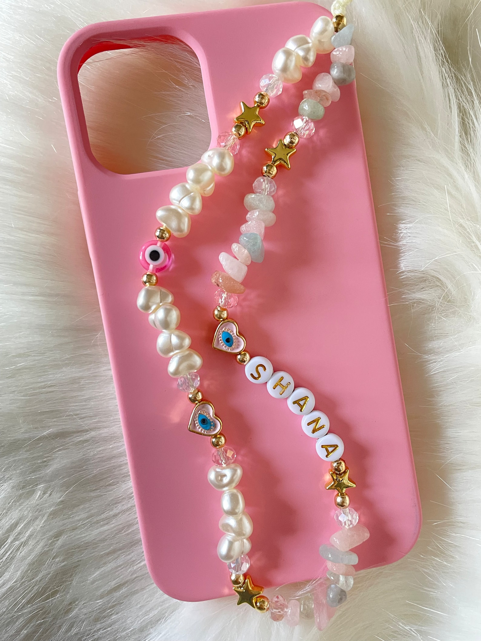 Personalized Gemstone Phone Strap, Customizable Pearl Beaded Phone ...