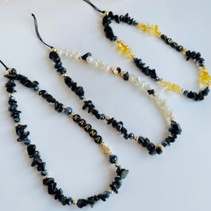 Black Phone Charm Strap, Minimal Beaded Phone Strap, Obsidian Style ...