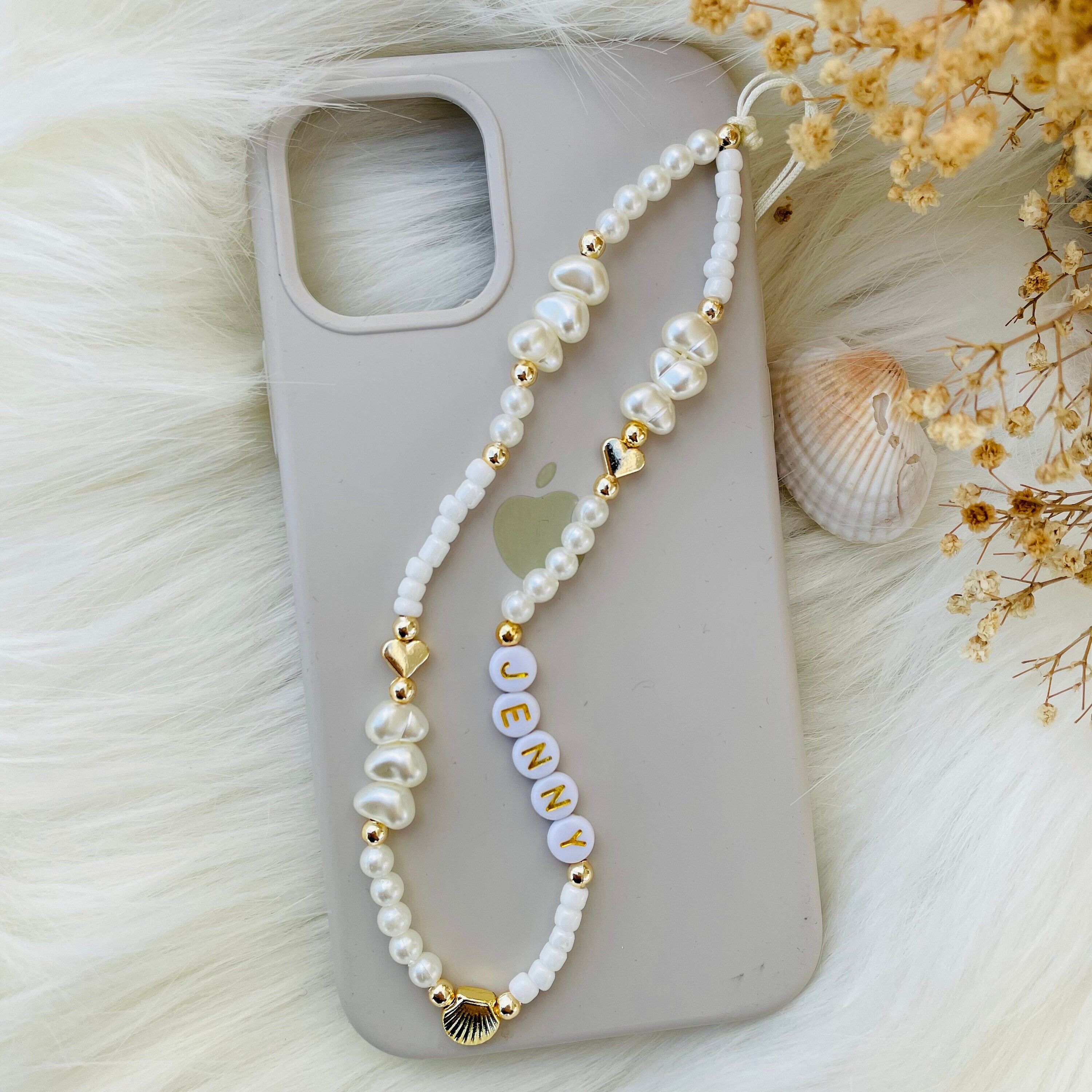 Personalized Pearl Phone Charm With Name, Custom Beaded Phone Strap ...
