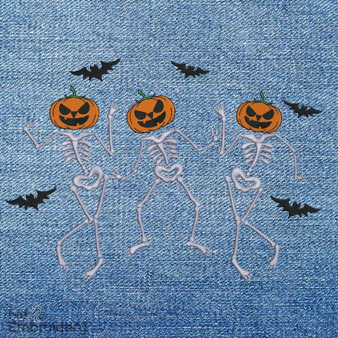 Dancing Skeletons Embroidery Design, Halloween Pumpkin Skeleton ...