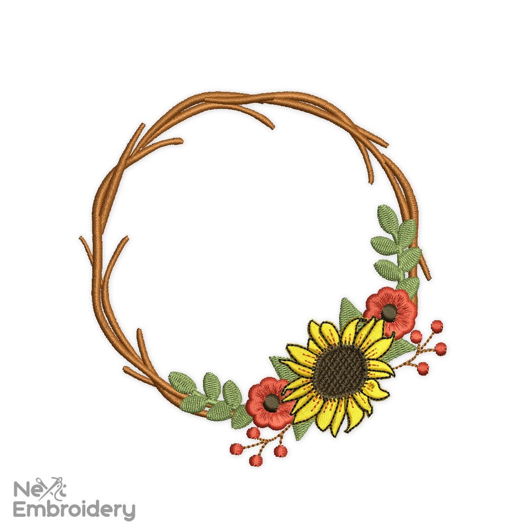 Wreath Fall Embroidery Design, Plant, Sunflower Minimalist Embroidery ...
