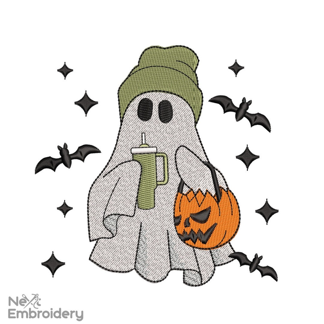Cool Ghost With Tumbler Embroidery Design. Halloween Ghost Embroidery ...