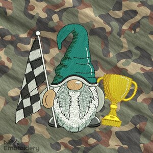 Racer Gnome Embroidery Design, Racing Embroidery Design, Trophy Cup ...