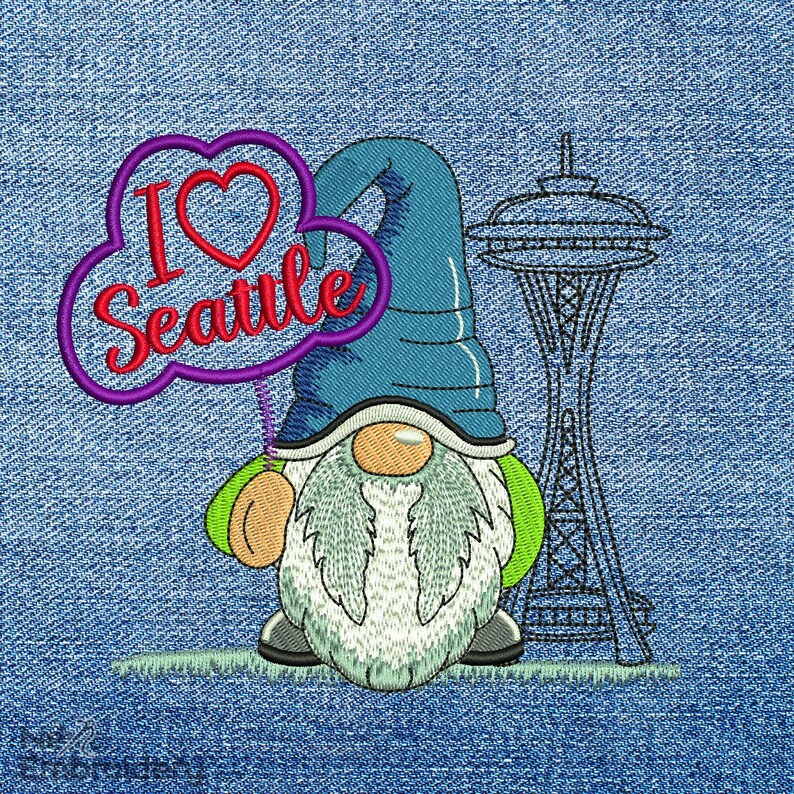 Seattle Gnome Embroidery Design, I Love Seattle Machine Embroidery File ...