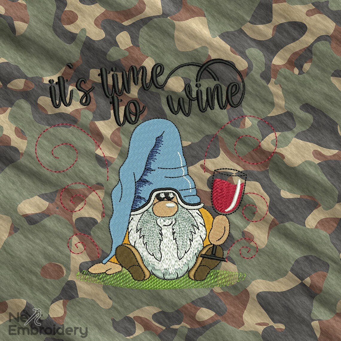 Time to Wine Gnome Embroidery Design, Wine Embroidery Design, Teatowel ...