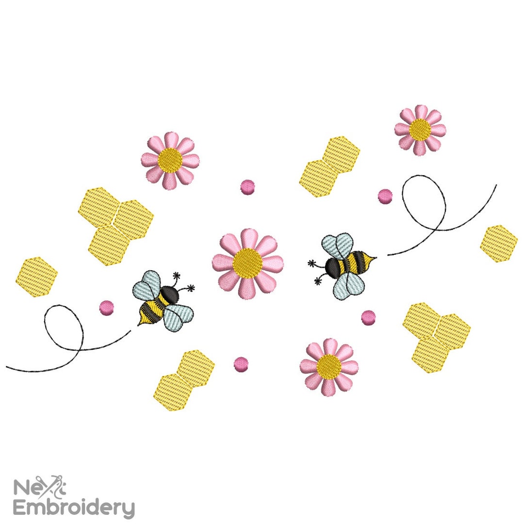 Bee and Flowers Embroidery Design, Retro Bumble Bee Embroidery Design ...