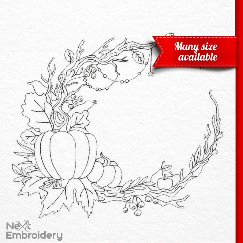 Fall Wreath Embroidery Design. Autumn Line Art Wreath. 6 | Etsy