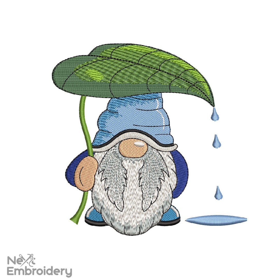 Rain Gnome Embroidery Design. Gnome With Leaf Machine Embroidery ...
