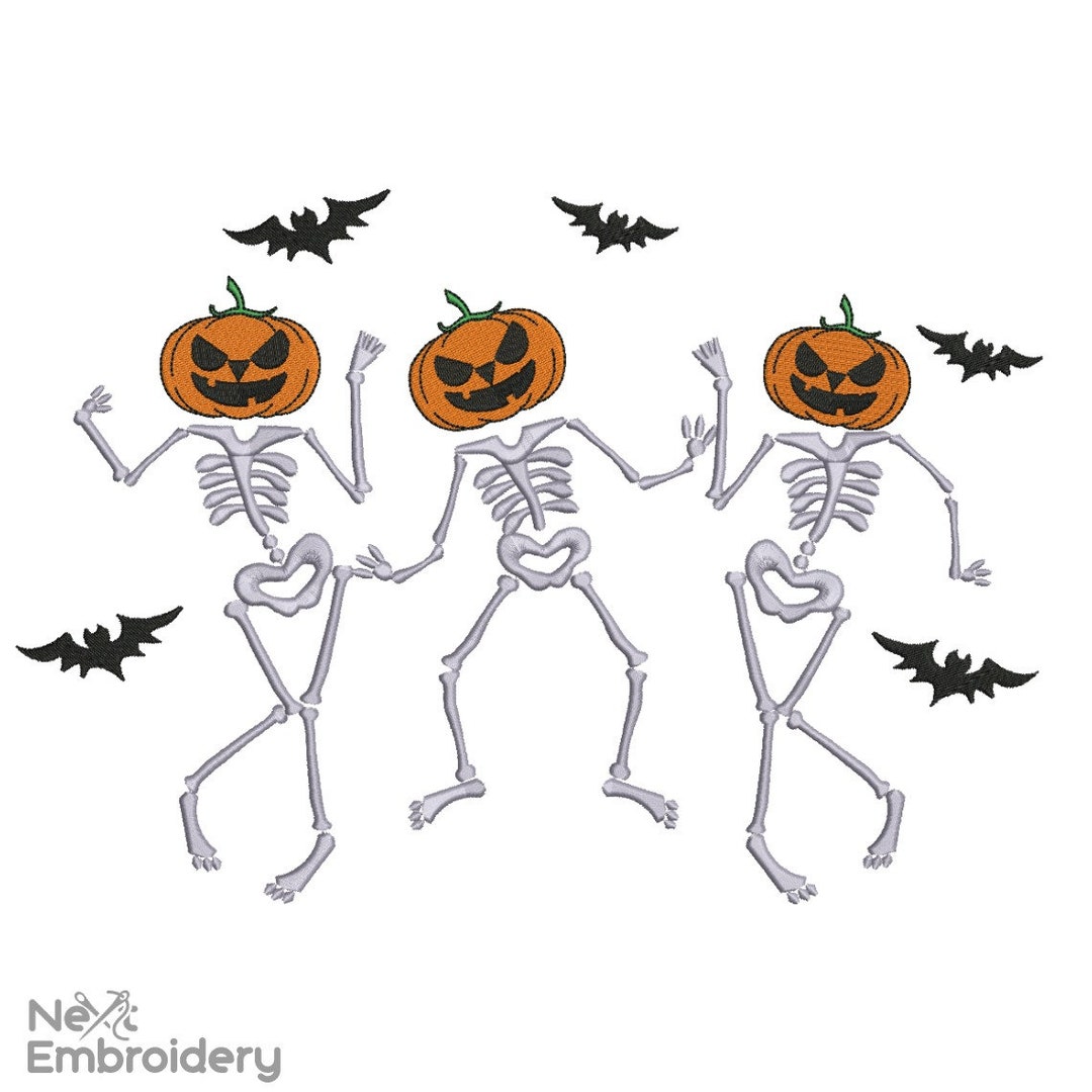 Dancing Skeletons Embroidery Design, Halloween Pumpkin Skeleton ...
