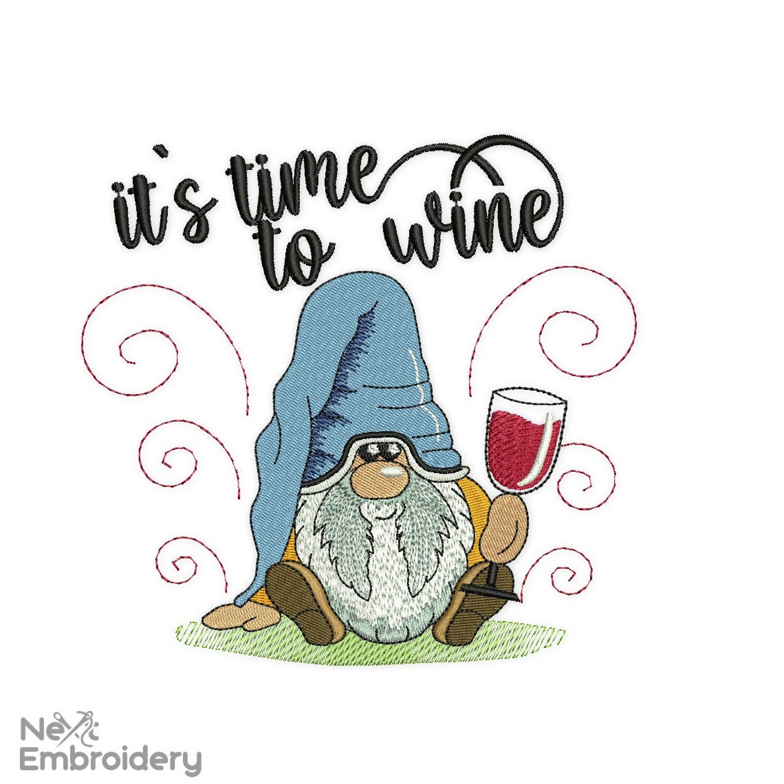 Time to Wine Gnome Embroidery Design, Wine Embroidery Design, Teatowel ...