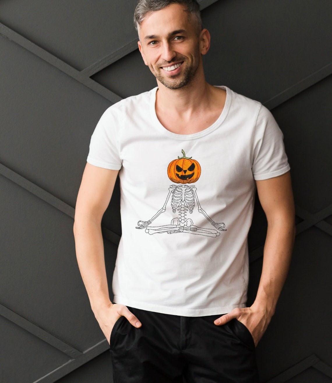 Skeleton Embroidery Design. Halloween Pumpkin Skeleton Meditating ...