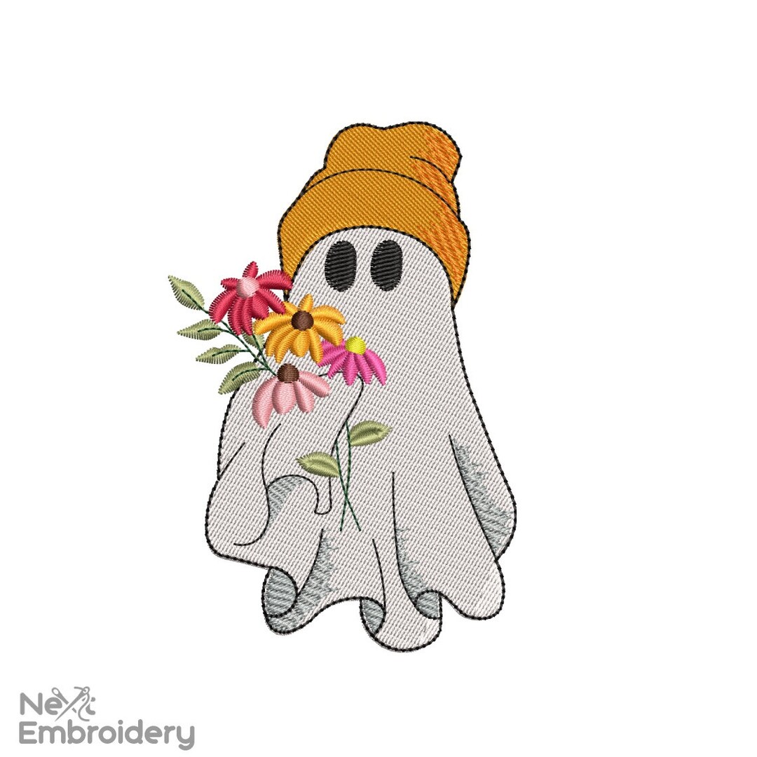Valentine Mini Ghost Embroidery Designs, Love Cute Ghost With Flowers ...