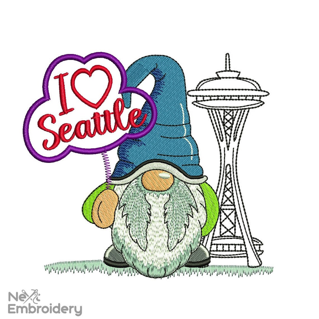 Seattle Gnome Embroidery Design, I Love Seattle Machine Embroidery File ...
