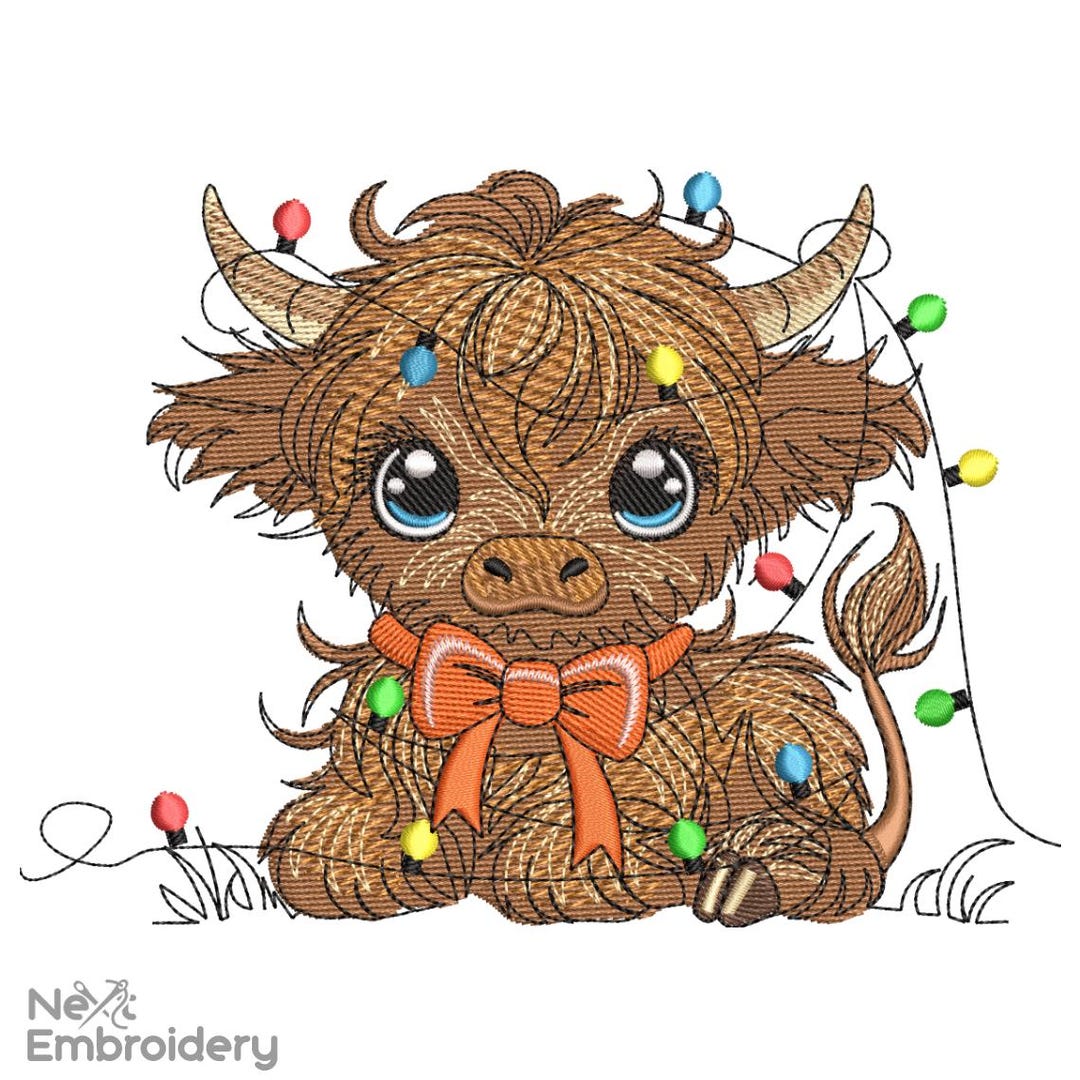 Christmas Highland Baby Cow Embroidery Design. Cute Farm Animal ...