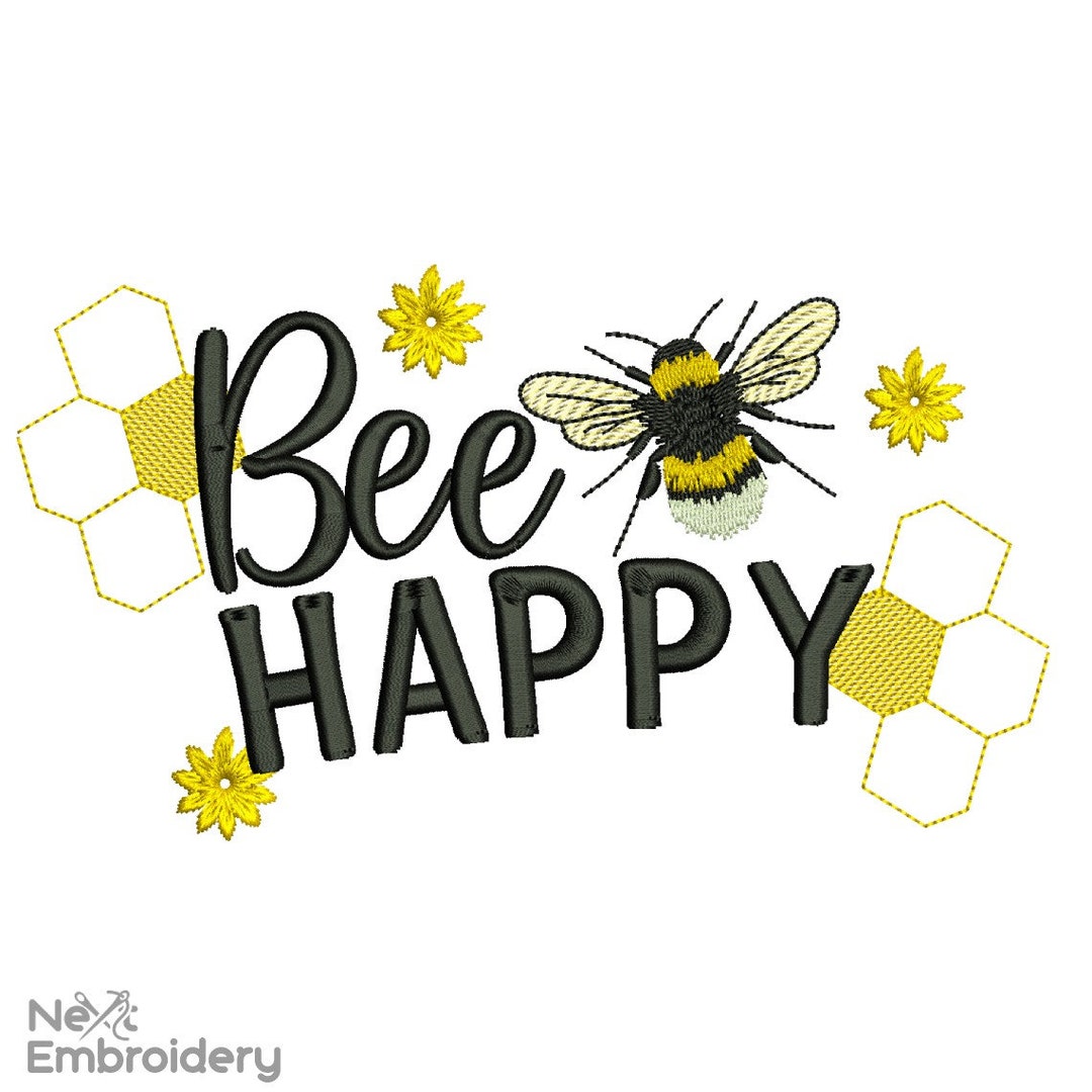 Bee Happy Embroidery Design, Machine Embroidery File, Instant Download ...