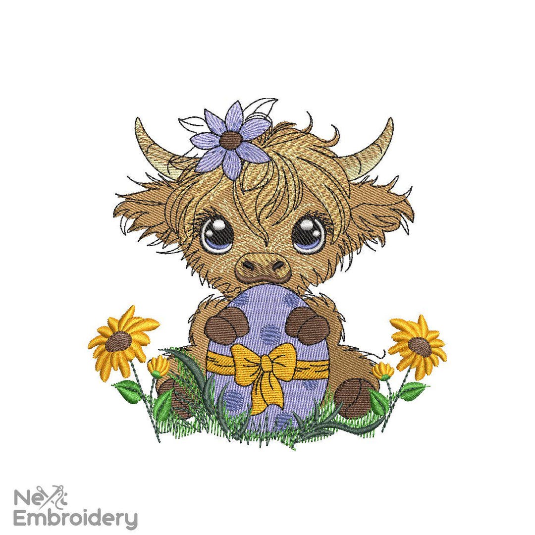 Highland Easter Baby Cow Embroidery Design, Cute Farm Animal Embroidery ...