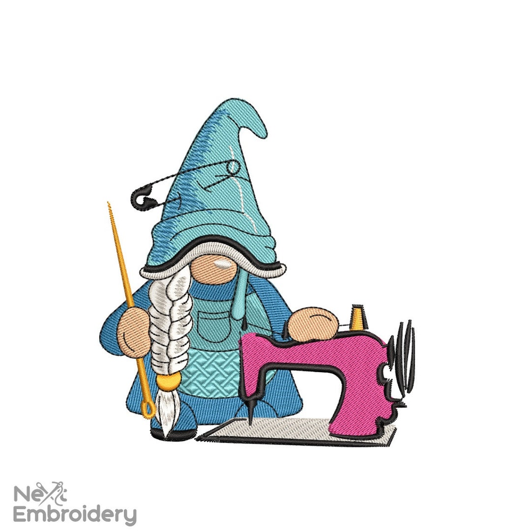 Sewing Girl Gnome Embroidery Design. Gnome With Sewing Machine ...