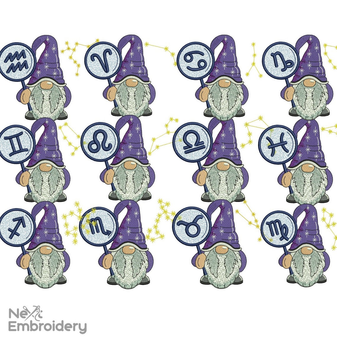 Zodiac Horoscope Embroidery Designs, Gnome Embroidery Design, Machine ...