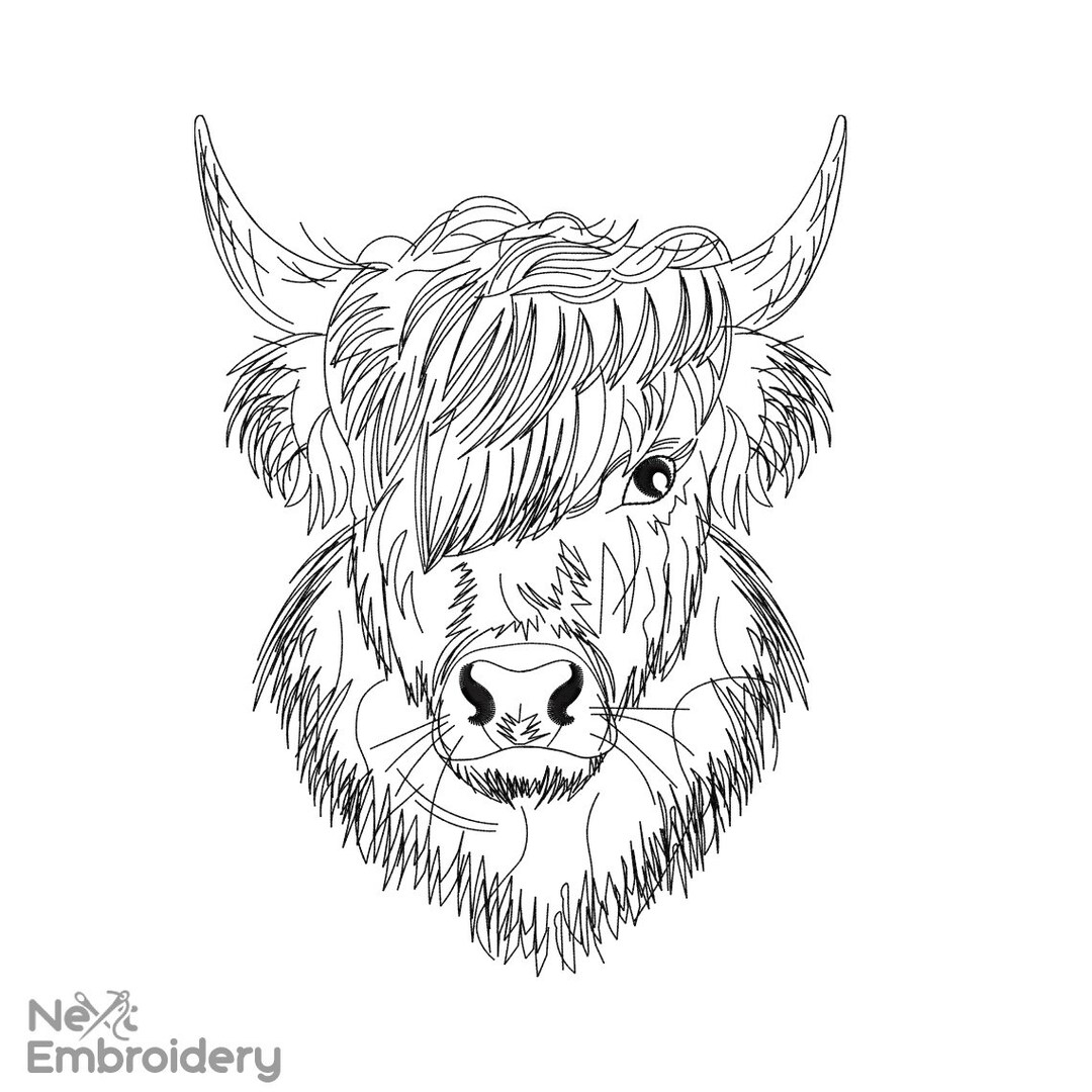Scottish Highland Cow Embroidery Design, Line Art Embroidery Design ...