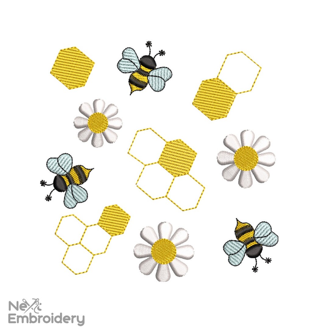 Bee and Daisies Embroidery Design, Retro Bumble Bee Embroidery Design ...