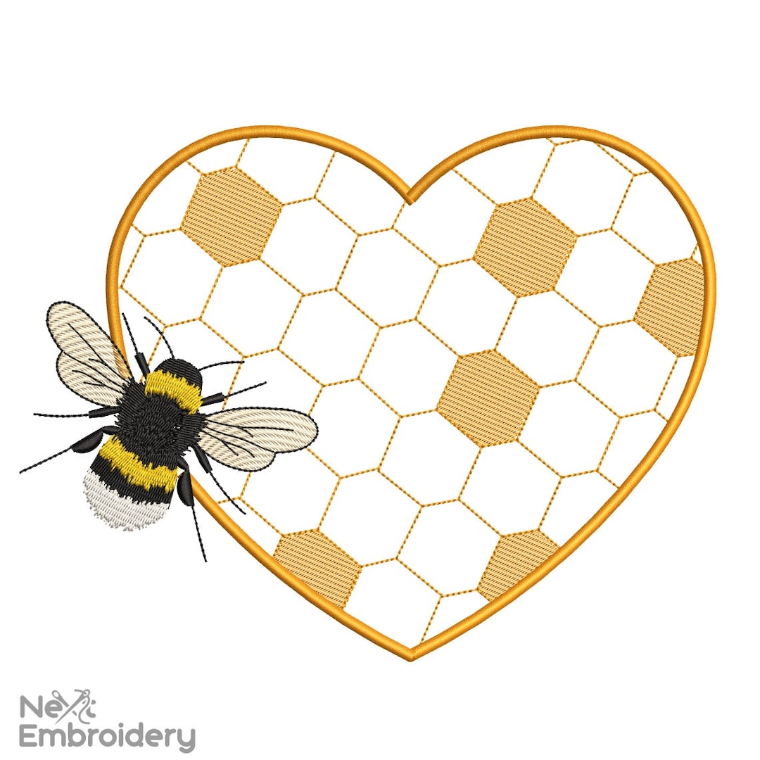 Bumble Bee and Heart Embroidery Design, Retro Embroidery Design ...