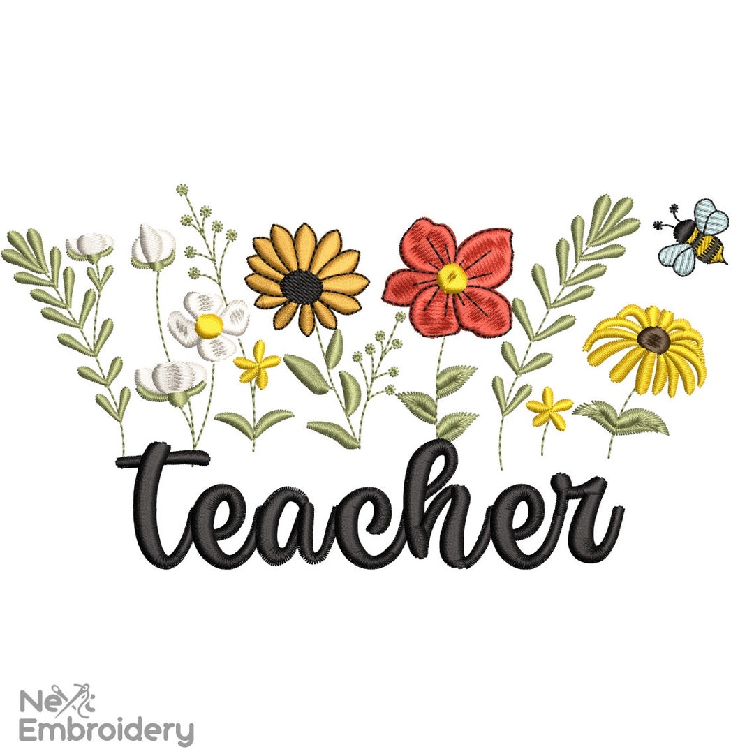 Teacher Floral Embroidery Design, Back to School Machine Embroidery ...