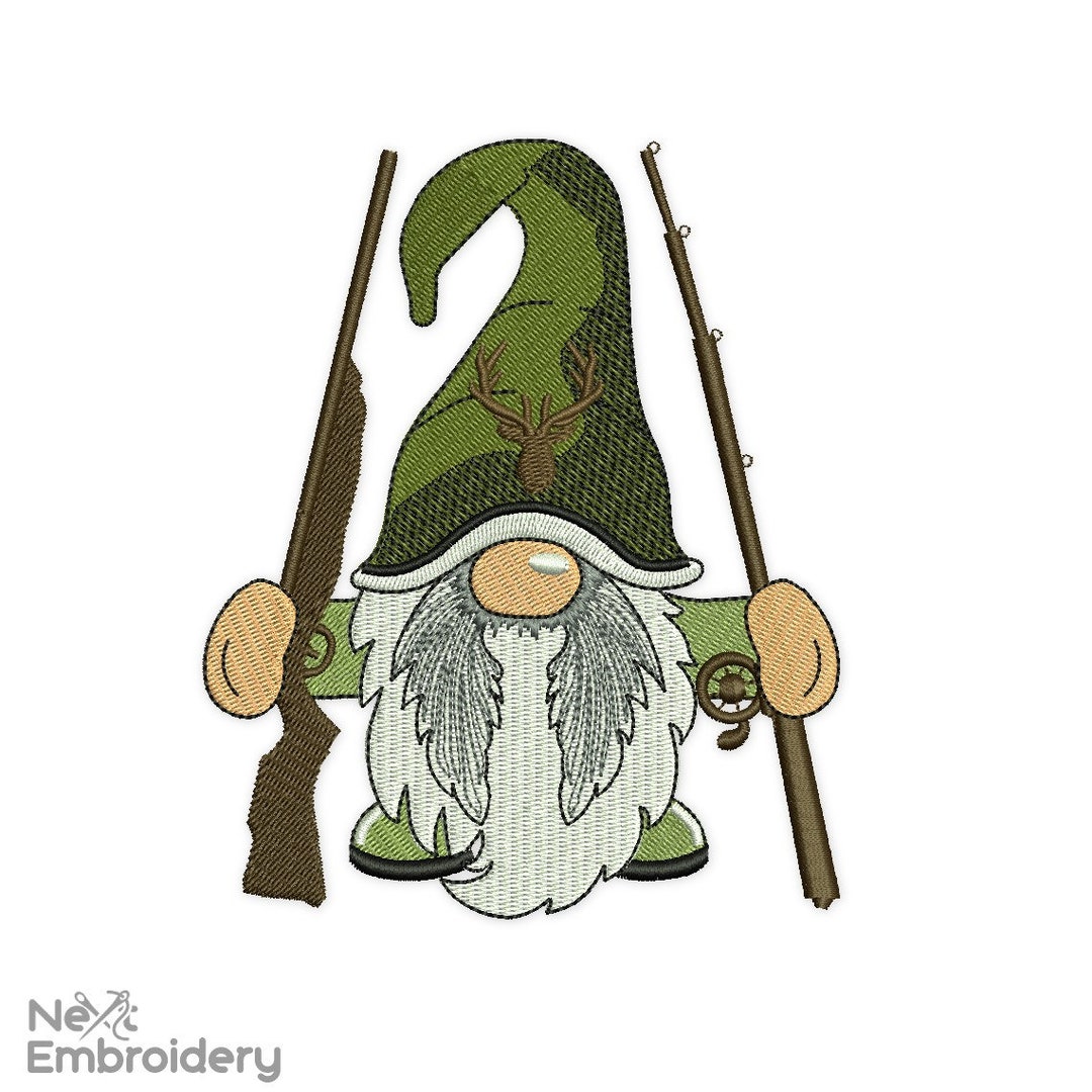Hunting and Fishing Gnome Embroidery Design, Hunter Embroidery, Angler ...