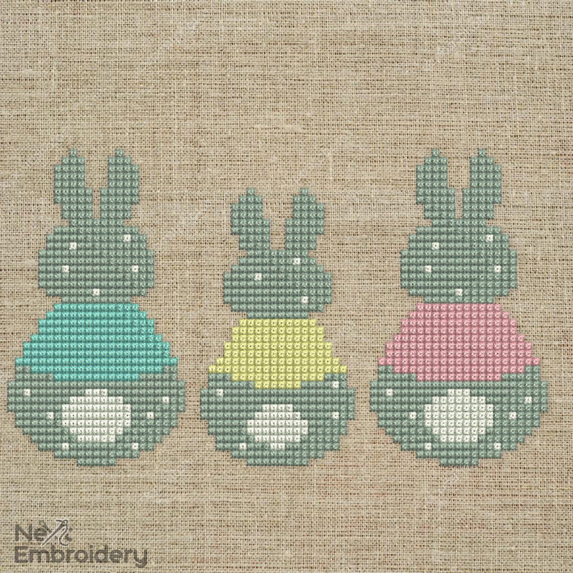 Bunny Trio Embroidery Design. Cross Stitch Simulated, French Knot, Peep ...