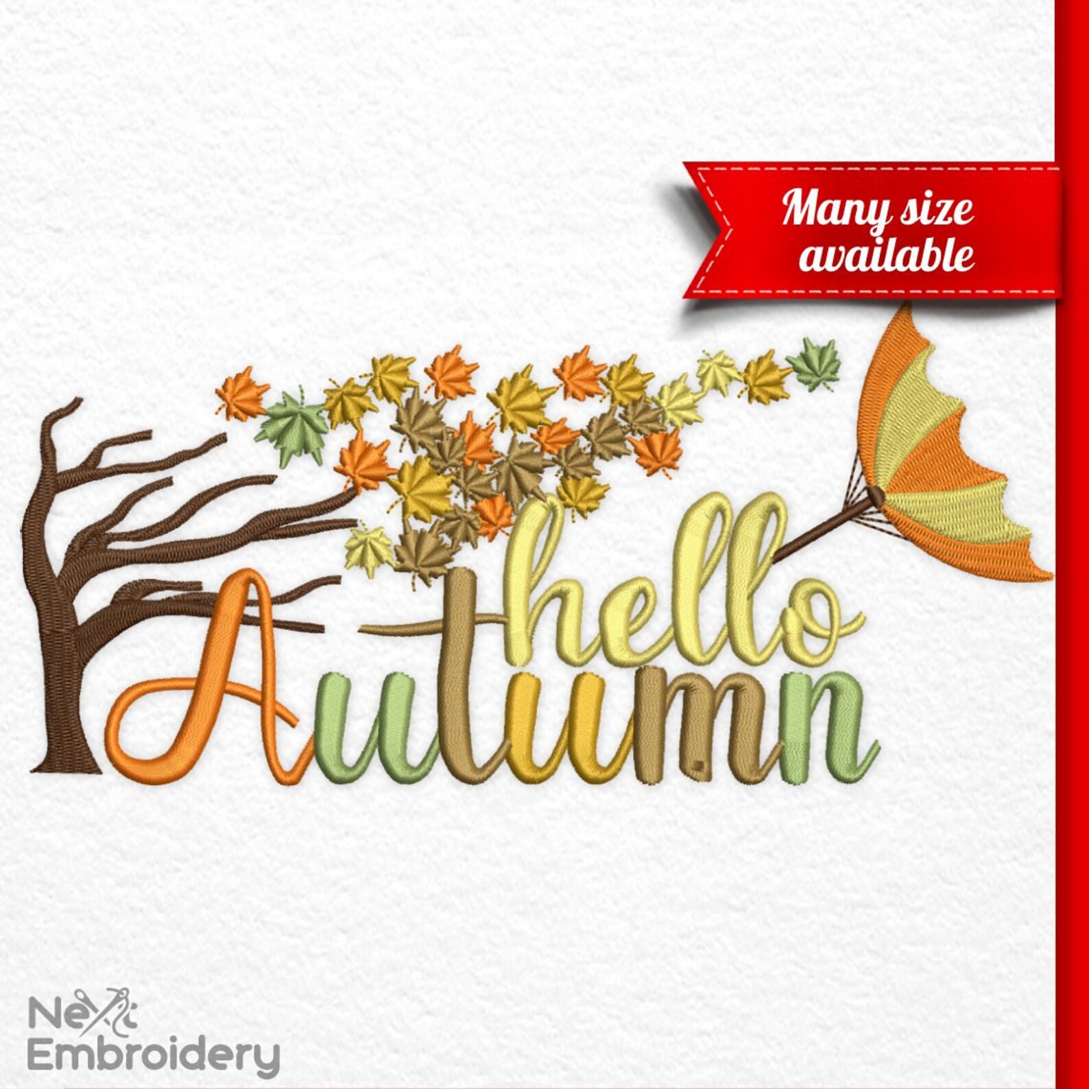 Hello Autumn Embroidery Design: Fall Leaves, Umbrella (instant Download ...